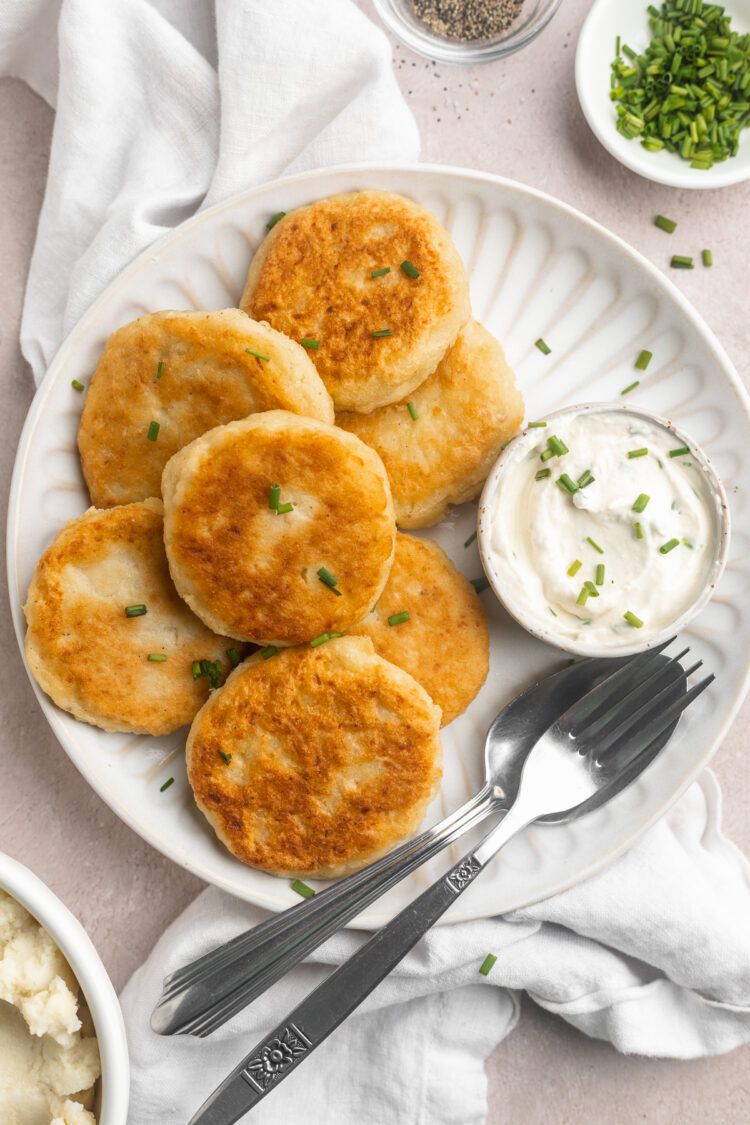 Leftover Mashed Potato Cakes with Chive-Onion Dip